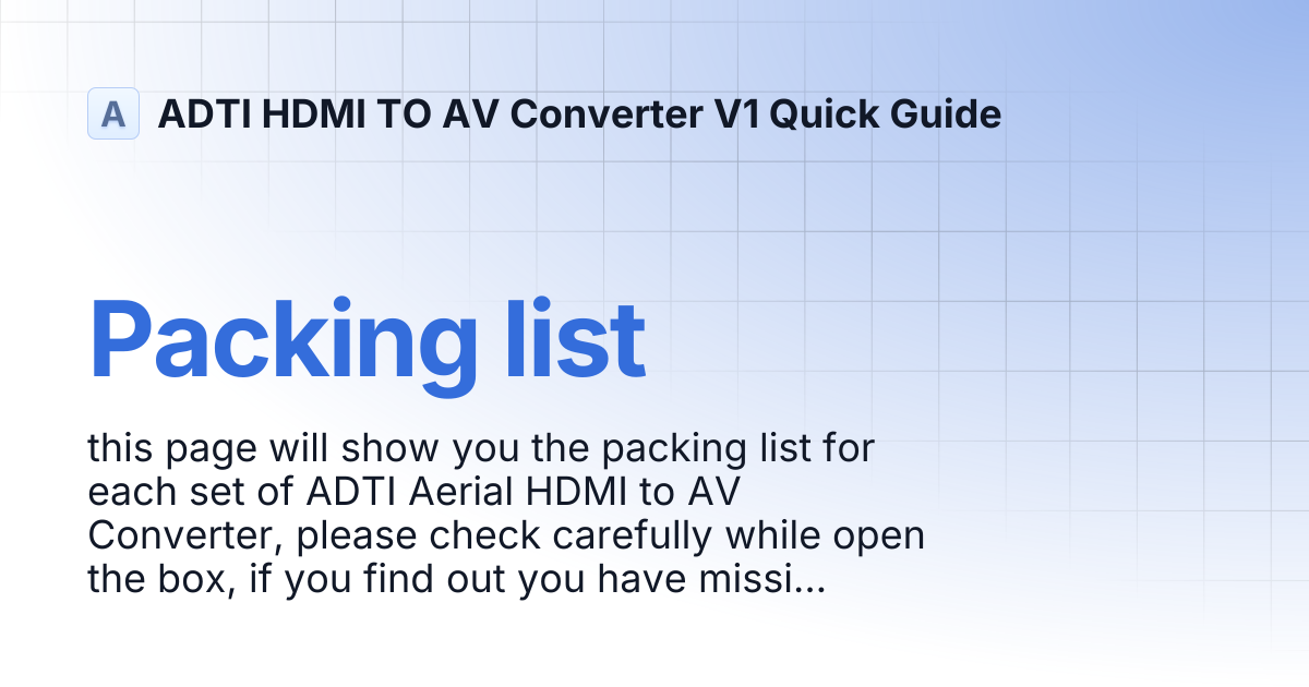 Packing list | ADTI HDMI TO AV Converter V1 Quick Guide